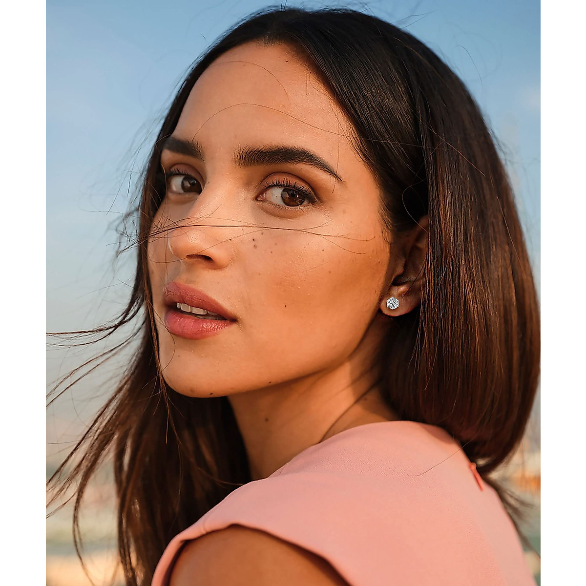 NEOSHOW 18K White Gold Plated Brilliant Cut Simulated Diamond Cubic Zirconia Sterling Silver Hypoallergenic CZ Stud Earrings for Women Men 6 Prongs Setting