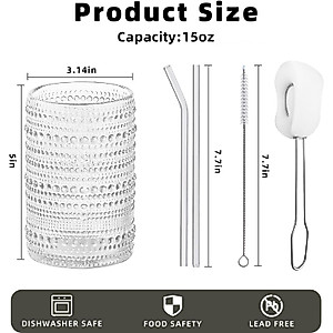 15 oz Clear Hobnail Drinking Glasses with Straws Set of 6, Vintage Glassware Old Fashioned Beverage Glasses, Cocktail Drinking Glassware Set, Kitchen Water Glasses Cup, for Beer, Smoothie, Juice
