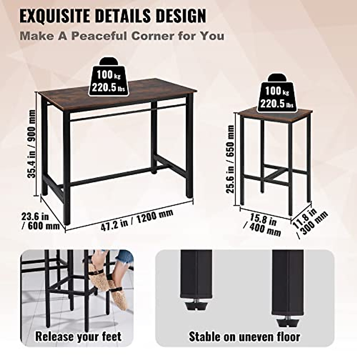 VEVOR Bar Table and Chairs Set 47" Pub Table Set with 4 Bar Stools Kitchen Dining Table and Chairs Set for 4 Iron Frame Counter Height Dining Sets for Home, Kitchen, Living Room