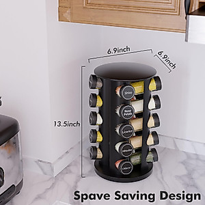 New England Stories Revolving Spice Rack Set with 20 Spice Jars, Kitchen Spice Tower Organizer for Countertop or Cabinet - Carousel Storage Includes 386 Spice Labels (Black)
