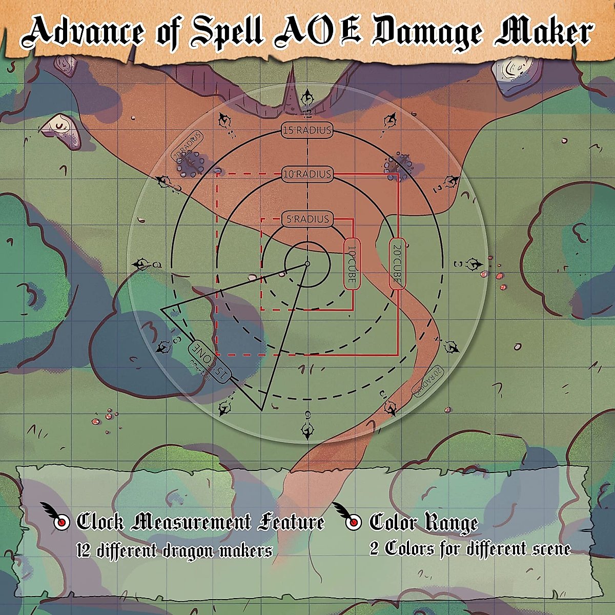Byhoo Spell AOE Damage Marker DND Area Effect Template - 1" Grid or Hex Tabletop Game Mat RPG Gaming Accessories for Dungeons and Dragons 5E Pathfinder and Other TTRPGs