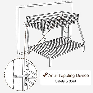 ikalido Metal Bunk Bed, Twin Over Full Size Beds with Sturdy Guard Rail & Removable Ladder, Space-Saving/Noise-Free/Matte Black