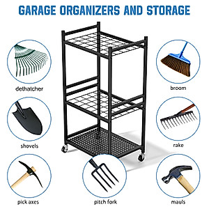 DAOUTIME Garden Tool Organizer with Wheels, Yard Tool Tower rack for Garage Organization and Storage, Up to 35 Long-Handled Tools, Sturdy Metal Steel Tool Holder with 3 Hooks, Outdoor, Black