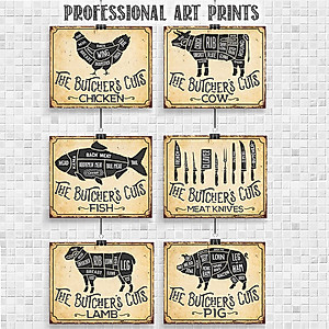 The Butcher's Cut Set of 6-8x10 Unframed Gallery Wall Art Prints - Makes Great Meat Shop and Kitchen Decor Under $20