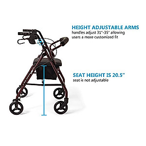 Medline Steel Foldable Adult Rollator Mobility Walker With 6” Wheels, Burgundy