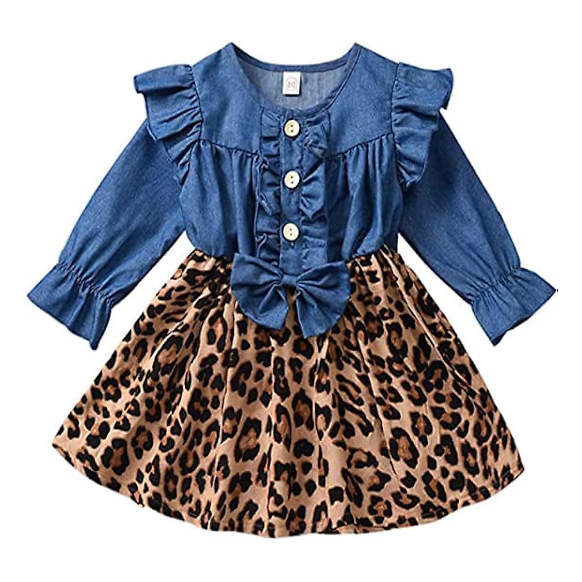 Toddler Baby Girl Long Sleeve Fall Dress Infant Denim Leopard Ruffle Dresses Cheetah Outfit, Blue, 2-3T