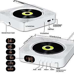 KOVCDVI Portable CD Player with Bluetooth Background Lights Wall Mountable Built-in Speakers CD Players for Home Headphone Jack with Remote Control FM Radio USB TF Card MP3 AUX Input Output