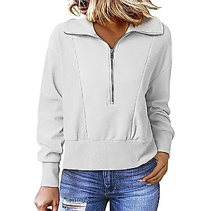 Dokotoo Womens Casual Half Zip Pullover Sweatshirts Long Sleeve Workout Tops Fall Comfy Cropped Loose Quarter Zipper Sweatshirt Jackets Winter Clothes 2023 Trendy Outfits White Mdeium