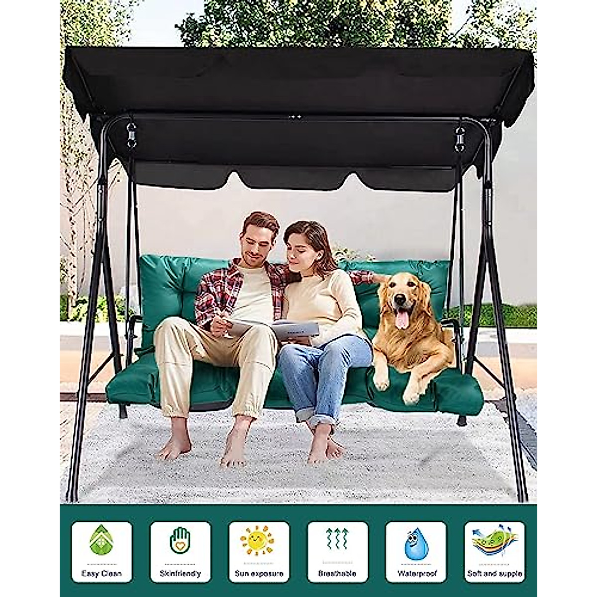 Outdoor Swing Cushions Replacement Bench Cushion Waterproof Swing Cushions 2/3 Seater Waterproof Outdoor Porch Swing Cushions with Backrest, for Outdoor Patio Porch Garden Swing Cushions Dark/green