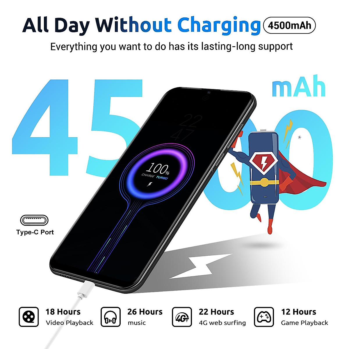 Xgody V50 Android Cell Phone, 4GB RAM + 64GB ROM, 6.55'' HD, Dual 4G LTE Sim Slots Smartphone Unlocked, 13MP Main Camera, Face Unlock, 4500mAh, AT&T/T-Mobile Smart Phones (Black1)