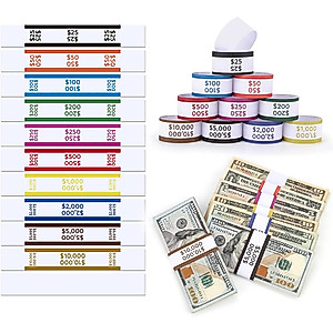 Money Bands for Cash 600-PCS Self Adhesive Wrappers for Bills, Currency Sleeves for Prop Money with One White Pen(50 of Each-600 Assorted)