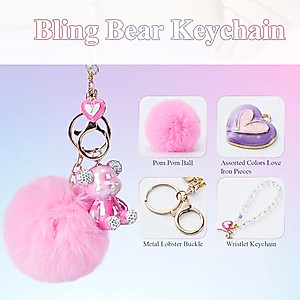 HONYJOOM Teddy Bear Keychain， Pink Keychain Accessories， Key Chains Women Cute， Puff Ball Keychain (Pink)