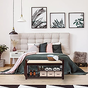 Nnewvante Large Shoe Bench Rack Shoe Organizer with Storage Basket Side Drawer Bamboo Removable Padded Cushion Seat for Entryway Hallway Living Room Bathroom-37.4in