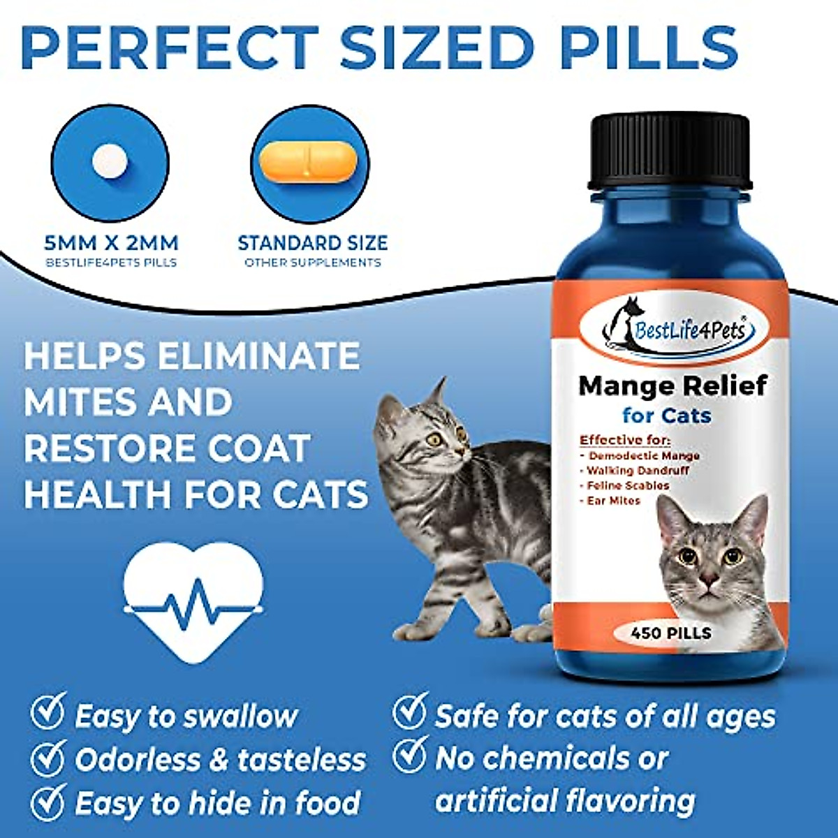 BestLife4Pets Demodectic Mange and Scabies Relief for Cats - Ear Mites & Itch Relief Supplements for Cat Itching Relief - Restores Healthy Feline Coat and Skin - Easy to Use Natural Pills