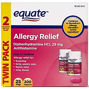 Equate Allergy Relief Diphenhydramine HCI, 25mg Antihistamine, 100 Tablets, Twin Pack