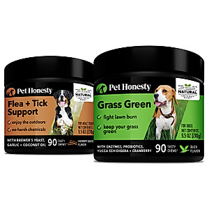 PetHonesty Flea & Tick Support + Grass Green Bundle - Natural Flea and Tick Soft Chew for Dogs, Pest Defense, Oral Flea Pills for Dog, Itch Relief, Digestive Enzyme for Dogs, Dog Pee Grass Lawn Spot S