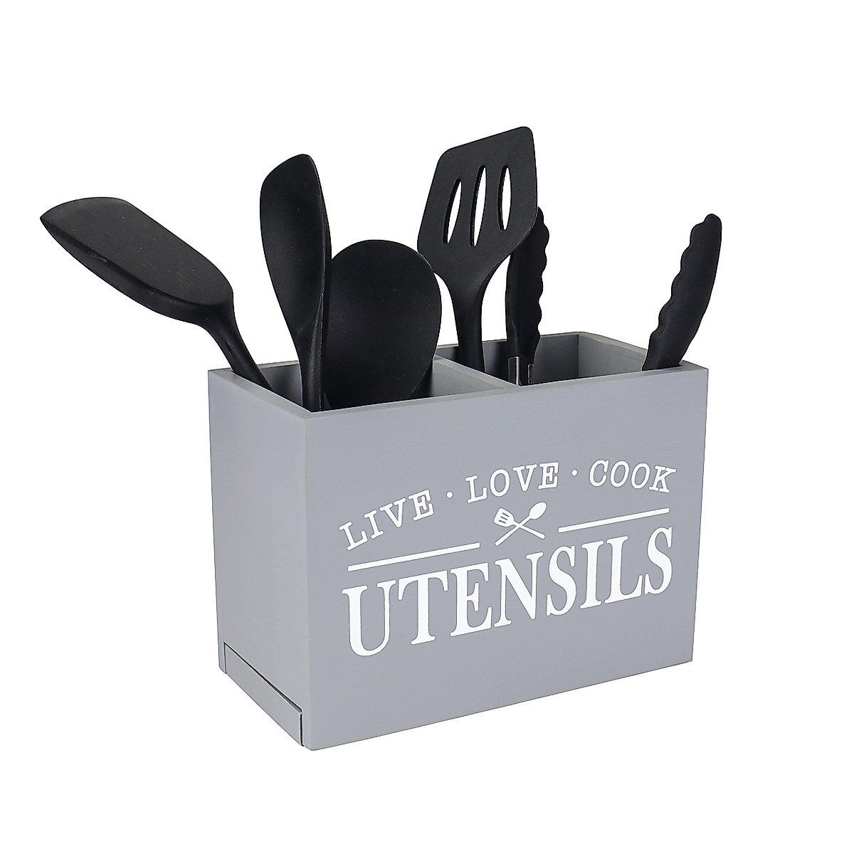 Karisky Kitchen Utensil Holder with Removable Bottom Large 2 Compartments Utensil Organizer Farmhouse Utensil Caddy for Countertop Decor, 9 x 7 x 5 Inch, Black