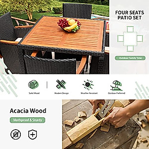 Flamaker 5 Piece Patio Dining Set Outdoor Acacia Wood Table and Chairs with Soft Cushions Wicker Patio Furniture for Deck, Backyard, Garden