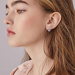 Linawe Purple Earrings for Women Trendy, Silver Hoop Earrings, Amethyst Cubic Zirconia Earrings Studs, Helix Cute Small Hoop, Huggie Earrings, Ear Tragus Safety Pin Cartilage