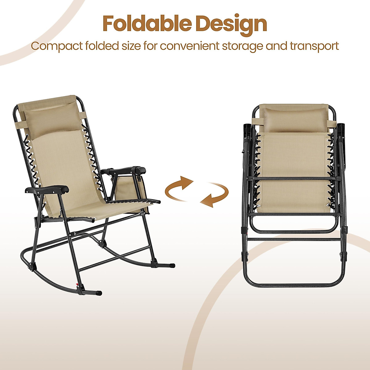 Yaheetech 26in Rocking Chair Outdoor Zero Gravity Folding Chairs Rocking Chairs Foldable Outdoor Lounge Chair for Outside Lawn with Cupholder/Pillow Ergonomic Design for Rest, Beige