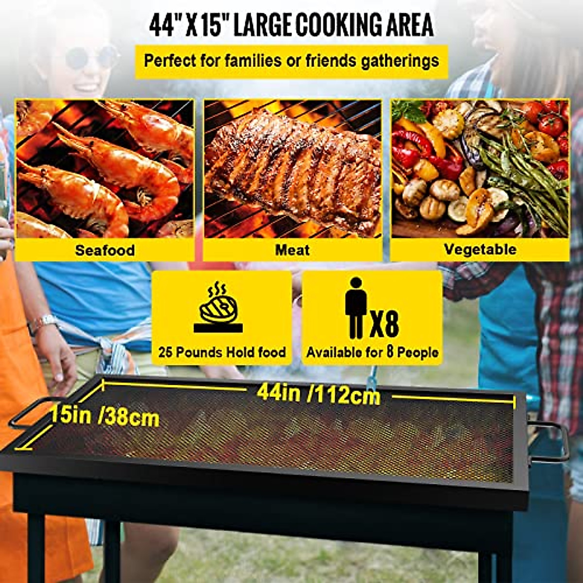 VEVOR Rectangle Fire Pit Grate, X-Marks Rectangle Grill Grate, Black Steel Fire Grate, Fire Pit Cooking Grate with Handles, Fire Grill Grate for Fire Pit, (44 x 15-inch)