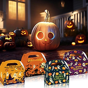 12 Pcs Halloween Party Goodies Boxes Dessert Treat favors Gable Decorations, Pumpkin Candy Bags with Handle, Happy Meal Paper Box for Keeping Candy Popcorn, Toys Birthday Kraft yellow small (12)