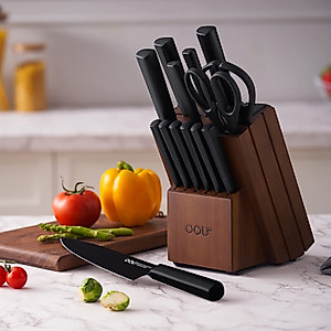 OOU! Home Knife Storage Block, Walnut Wooden Knife Block Holder, Universal Kitchen Knife Blocks with Built-in Sharpener, 14 Slots Knife Holder for Kitchen Counter, Without Knives