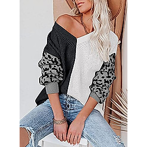 ANCAPELION Women’s V Neck Sweater Pullover Leopard Long Sleeve Basic Color Block Jumper Casual Knitted Tops Leopard Grey XX-Large