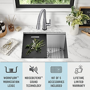 DELTA FAUCET Rivet 24-inch Workstation Laundry Utility Kitchen Sink Undermount 16 Gauge Stainless Steel Single Bowl with WorkFlow Ledge and a Kit of 5 Accessories, 95B9031-24SL-SS