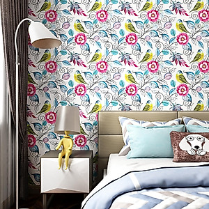 HotDecor 24"x118" Bird Boho Floral Wallpaper Flower Wallpaper Peel and Stick Floral Contact Paper Adhesive Stick on Botanical Wall Paper for Walls Cabinets Drawer Bedroom Shelves Decorative