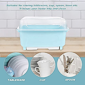 Hemoton Dish Drying Rack with Lid Cover Nursing Bottle Holder Kitchen Plate Cup Dish Drying Rack Tray Cutlery Dish Drainer Kitchen Cabinet Organizer Blue