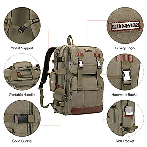 WITZMAN Canvas Backpack with USB Charging Port Large Travel Backpack Luggage Duffel Bag for Airplane Carry On Fit 17 inch Laptop for Men Women (6617 Brown)