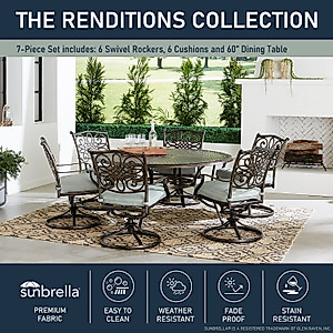 Hanover Renditions 7 Piece Outdoor Dining Set with Sunbrella® Fabric and Elegant 60" Round Patio Table with 6 Comfortable Swivel Chairs and Rust, UV, and Weather-Resistant Aluminum Frames in Mist