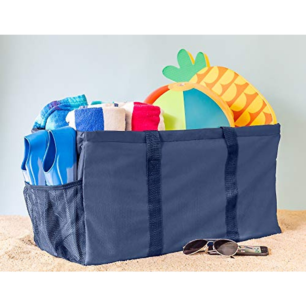 Lucazzi Extra Large Utility Tote Bag - Oversized Collapsible Reusable Wire Frame Rectangular Canvas Basket With Two Exterior Pockets For Beach, Pool, Laundry, Car Trunk, Storage - Navy Blue