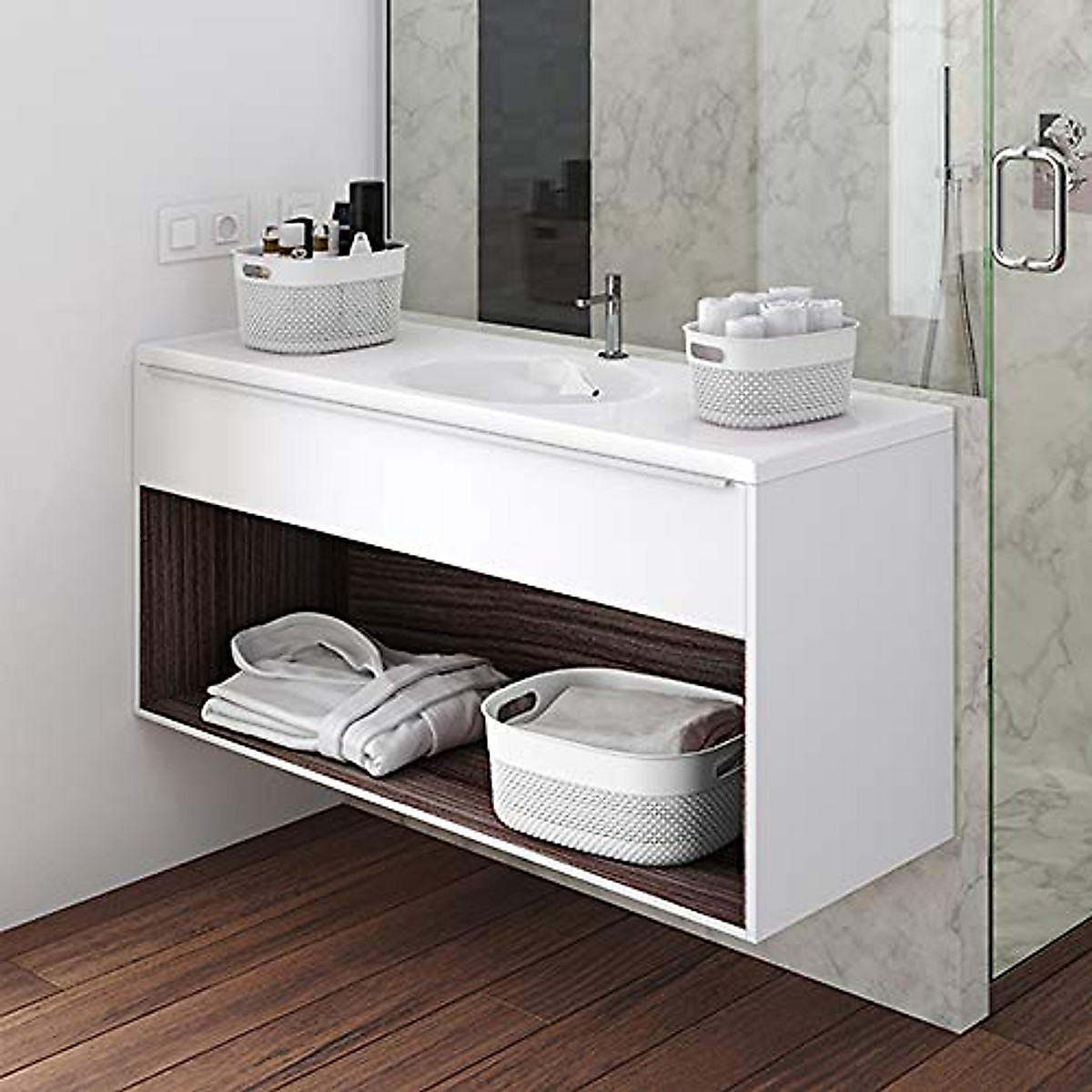 Curver Set of 8 Purl Small Decorative Plastic Organization and Storage Baskets Perfect Bins for Home Office, Closet Shelves, Kitchen Pantry and All Bedroom Essentials, 6.3QT/ 6L, White, 8 Count