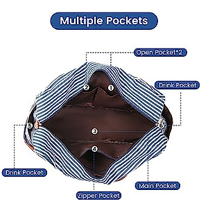 Inspack Duffle Bag with Shoe Compartment for Women/Men, 45L Gym Sports Bags with Trolley Sleeve, 22x14x9 Weekender/Carry on/Travel Tote/Duffel/Overnight Bags（Blue-White Stripe）