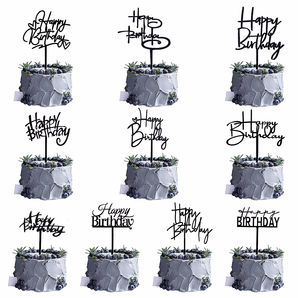 10 PCS Black Happy Birthday Cake Topper Acrylic Cupcake Topper A Series of Birthday Cake Supplies Decorations