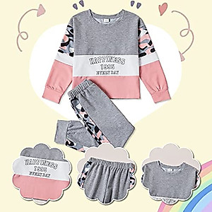 PATPAT Girls Outfits Grey Pink Crew Neck Leopard Color Block Sweatshirt and Sweatpant Girls Outfits Size 7/8