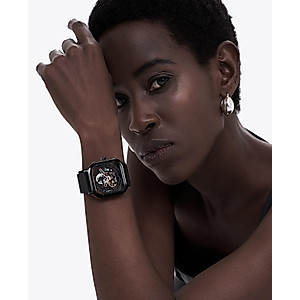 CIGA Design Men's Automatic Watch, C Series Full Hollow Skeleton Mechanical Analog Wristwatch with Milanese and Leather Strap Sapphire Crystal Mirror (Black)