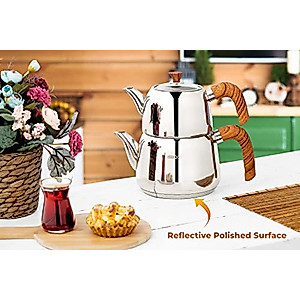 Amboss Turkish Teapot Set with Steam Lid 4 PCS Stainless Steel Wood Design Bakelite Handles Induction Compatible Turkish Tea Set