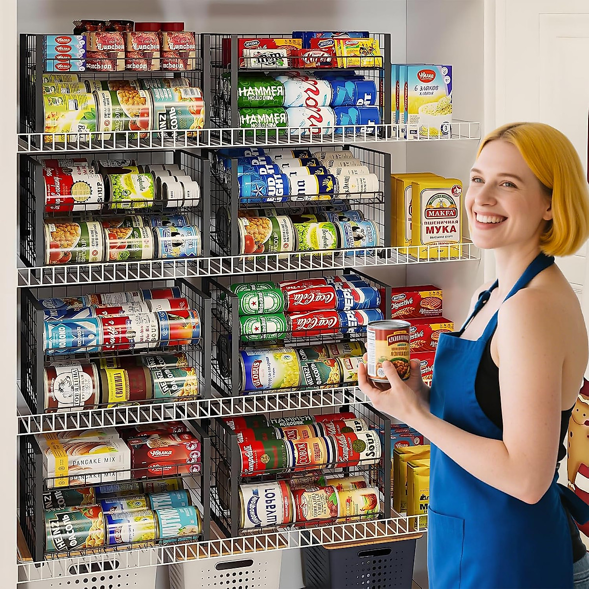 JKsmart 4-Tier Stackable Can Rack Organizer for Pantry, Adjustable Can Dispenser Holds Up to 62 Cans, Can Storage Holder for Various Ounces of Canned Food Soda Drinks, Black