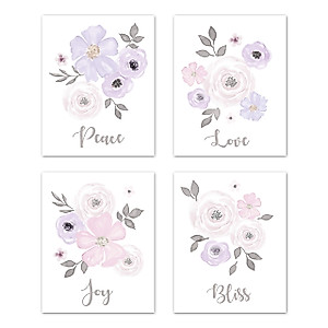 Sweet Jojo Designs Lavender Purple, Pink Grey and White Wall Art Prints Room Decor for Baby, Nursery, and Kids for Watercolor Floral Collection - Set of 4 - Peace, Love, Joy, Bliss