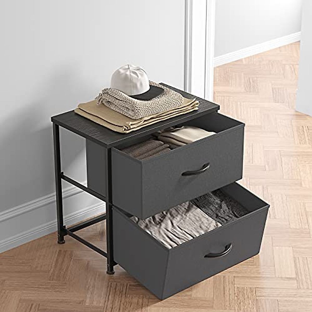 CubiCubi Dresser Nightstand for Bedroom, Small Kids Bedroom Fabric Tall Dresser 2 Drawer Storage Tower Organizer Unit for Hallway Entryway Closets, Steel Frame Wood Top, Black Grey