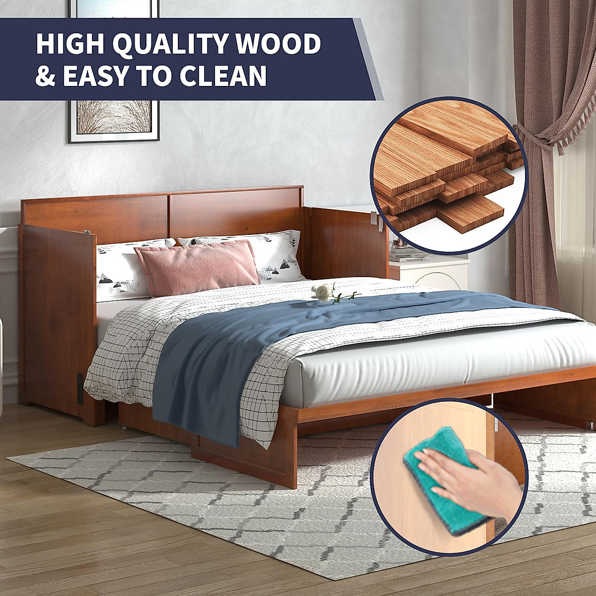 ijuicy Murphy Bed Queen, Cube Cabinet Bed with 3 Level Foldable Memory Foam Mattress, Space-Saving Folding Bed with Charging Station for Bedroom(Cherry)