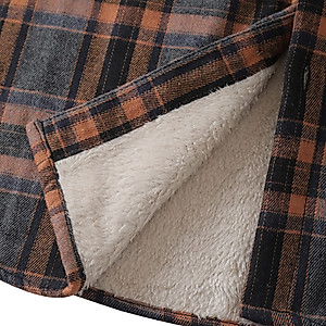 Burband Mens Long Sleeve Berber Fleece Lined Button Down Camp Flannel Shirts Brushed Cotton Thermal Sherpa Plaid Jackets, 2-brown