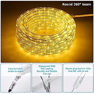 JINJUER LED Rope Lights, 50ft/15M Warm White Strip Lights with Clear PVC Jacket, Connectable and Flexible, Waterproof for Indoor Outdoor use, 110V Plugin Tape Lighting with High Brightness 450 LEDs