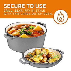 Bruntmor 2-in-1 Enamel Cast Iron Dutch Oven With Handles - Crock Pot Grey Cast Iron pot with Skillet lid - All-in-One Cookware Braising Pan for Casserole Dish - 5 Quart, Grey