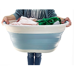 SAMMART 39L (10.3 Gallons) Collapsible Plastic Laundry Basket - Oval Tub/Basket - Foldable Storage Container/Organizer - Portable Washing Tub - Space Saving Laundry Hamper (2, Grey/Sterling Blue)