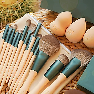 DUcare Makeup Brushes 14Pcs with 3Pcs Makeup Spong & Cosmetic Bag - Lime Mojito Series Christmas Gifts Professional Kabuki Foundation Blending Brush Face Powder Blush Concealers Eye Shadows