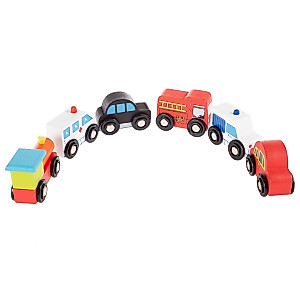 Hey! Play! Wooden Car PlaySet-6-Piece Mini Toy Vehicle Set with Cars, Police and Fire Trucks, Train-Pretend Play Fun for Preschool Boys and Girls
